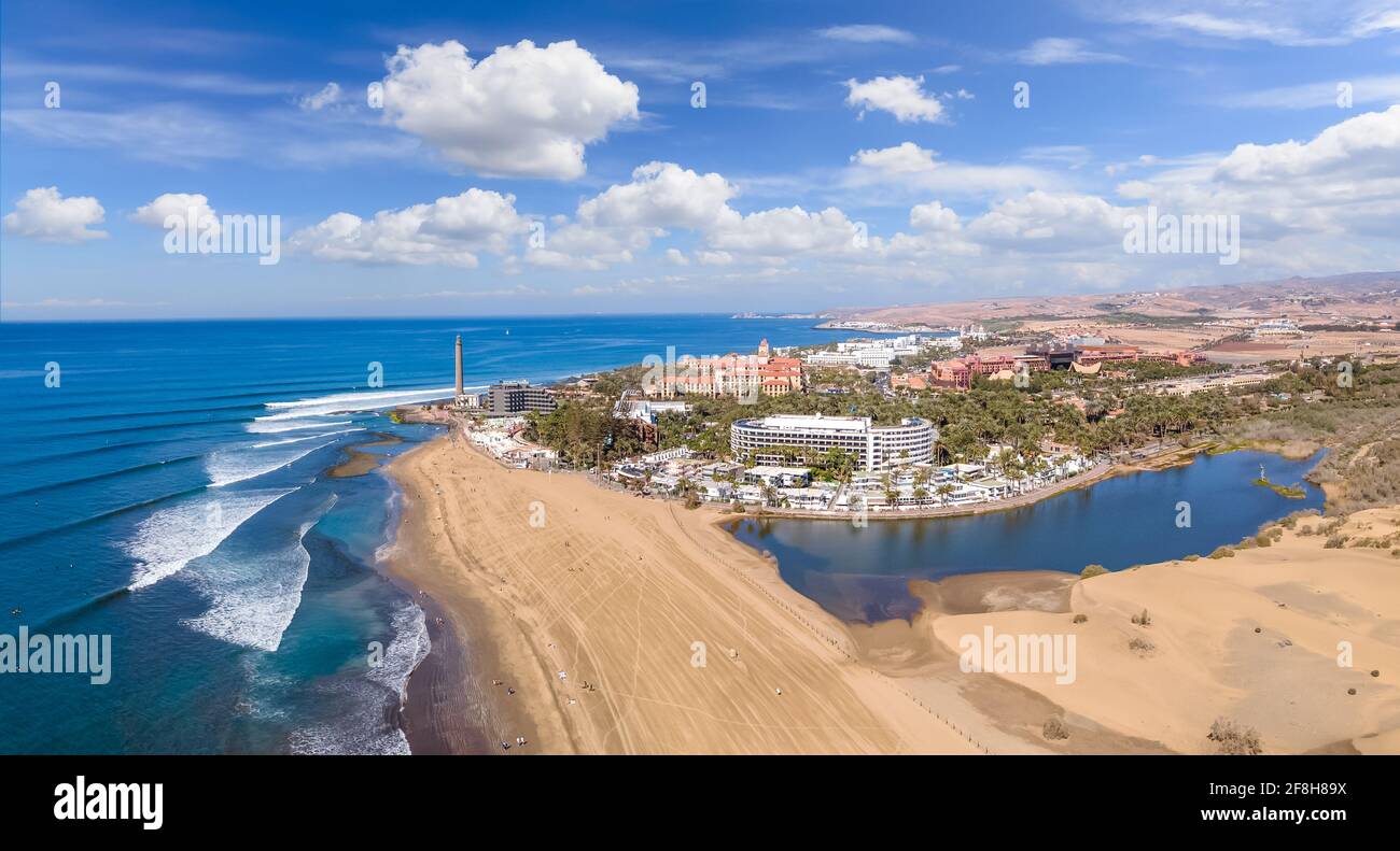 Aerial photos of Maspalomas beach, Lighthouse and town in Gran Canary ...