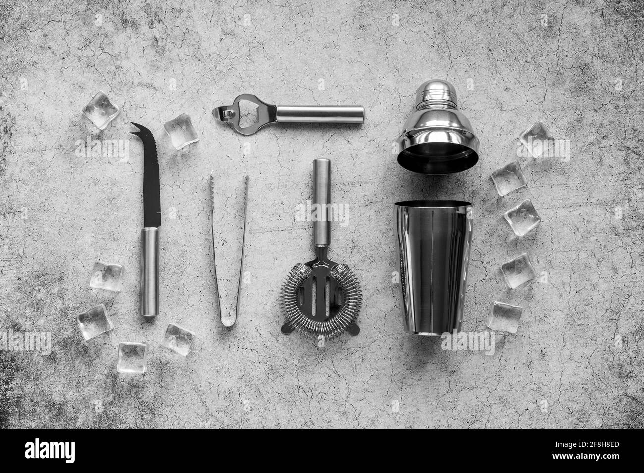 Cocktail bar utensils and tools with shaker, strainer and ice Stock ...