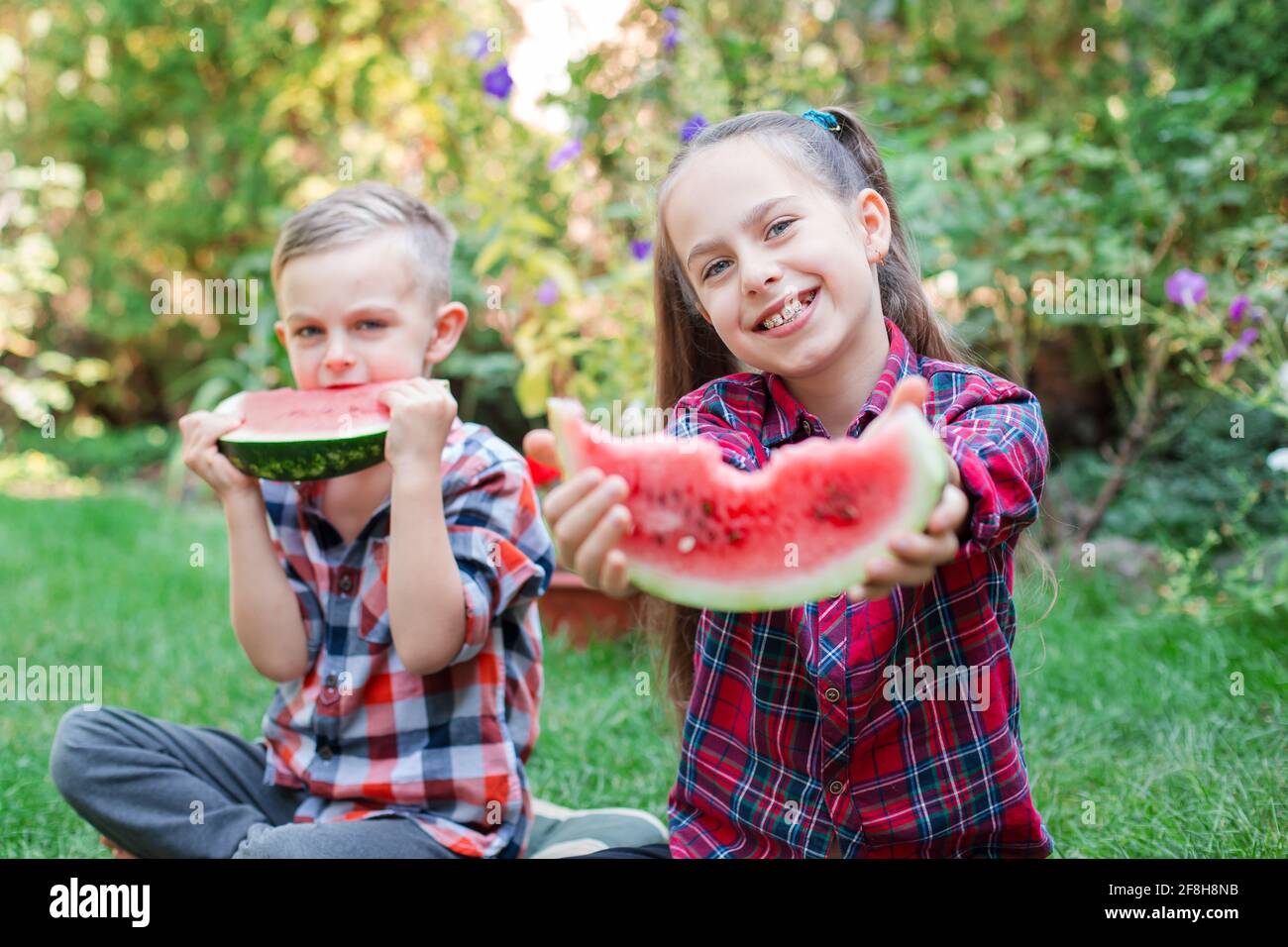 Happy children eating watermelon in the garden. Kids eat fruit outdoors ...