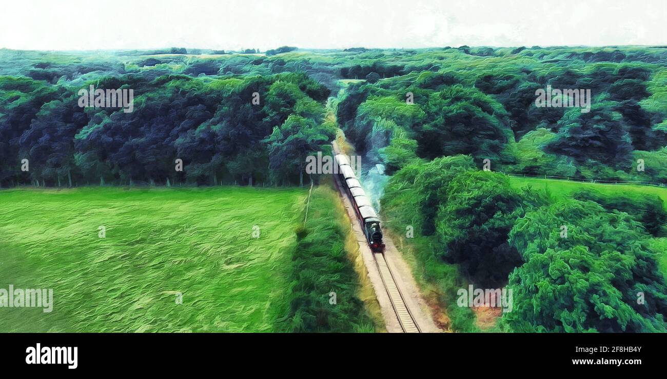 Vintage steam locomotive surrounded by forest trees. Wide panoramic ...