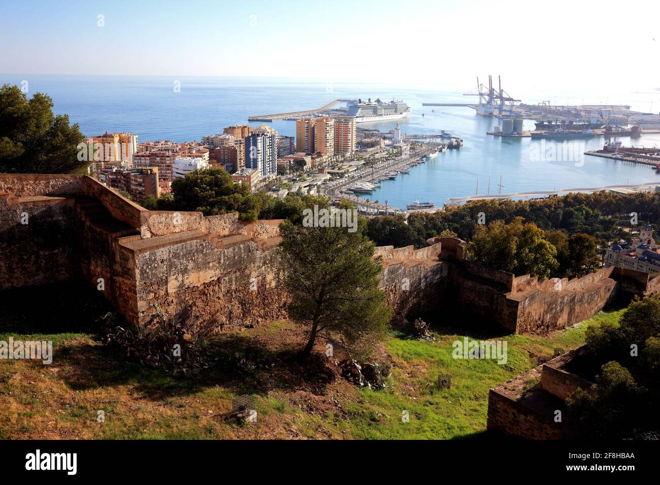 Malaga, view from the castle Castillo de Gibralfaro to the castle wall ...