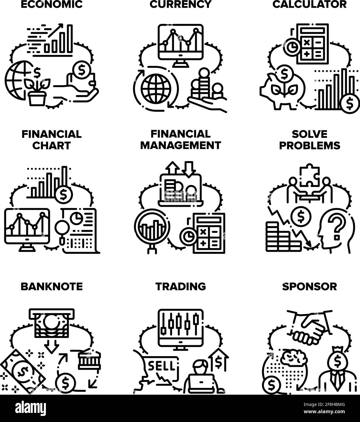 Finance Economic Set Icons Vector Black Illustration Stock Vector Image ...
