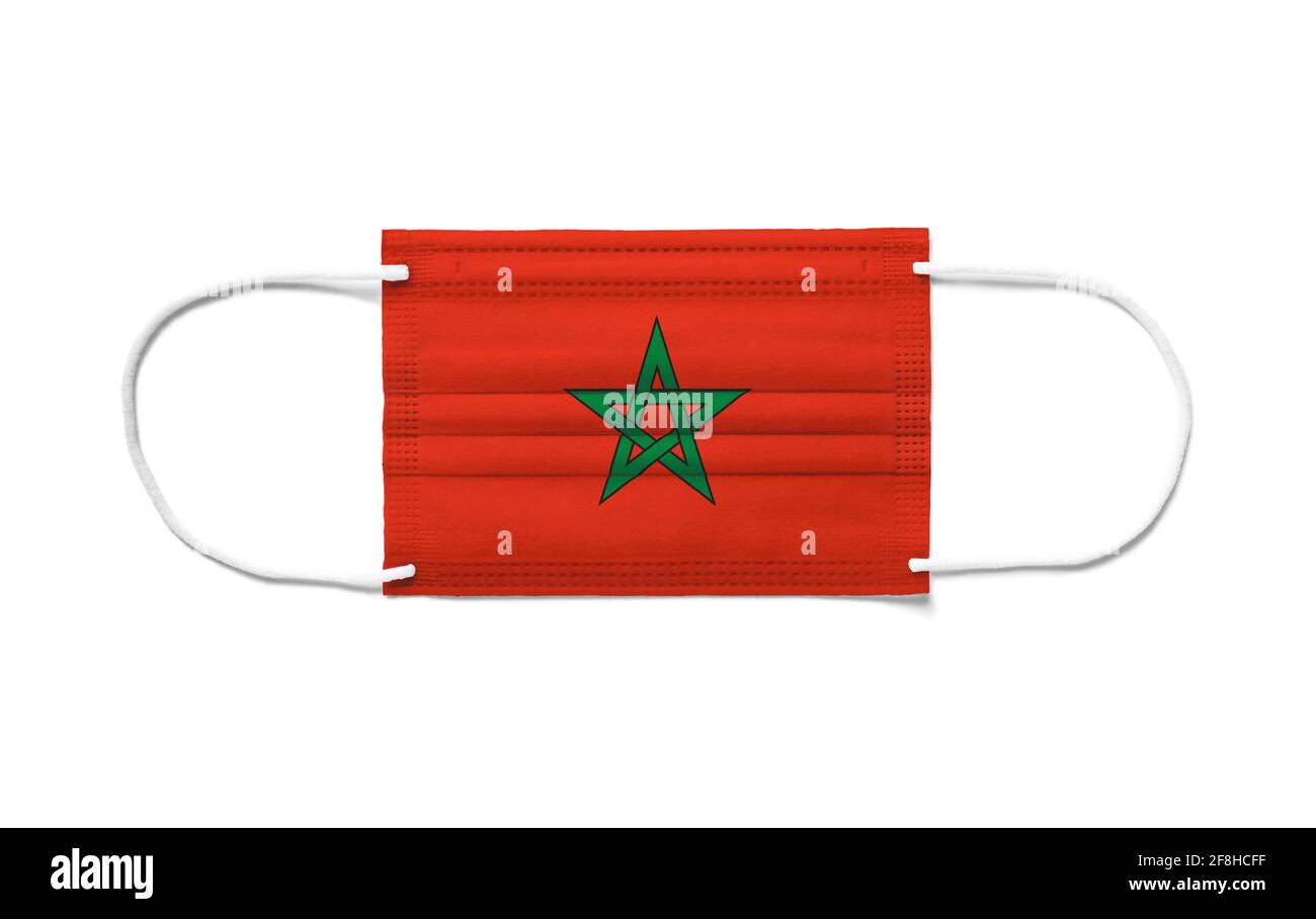 Flag of Morocco on a disposable surgical mask. White background ...