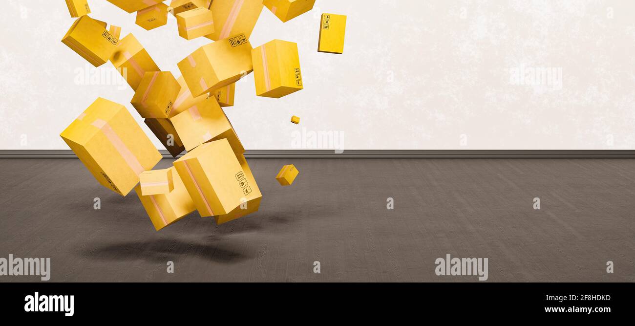 shipping boxes falling on empty room with copy space Stock Photo - Alamy