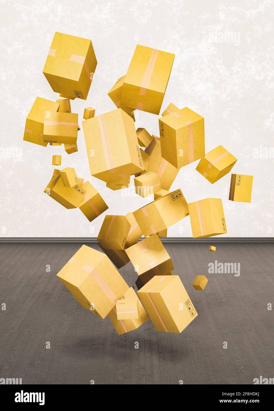 shipping packages floating in an empty room Stock Photo - Alamy