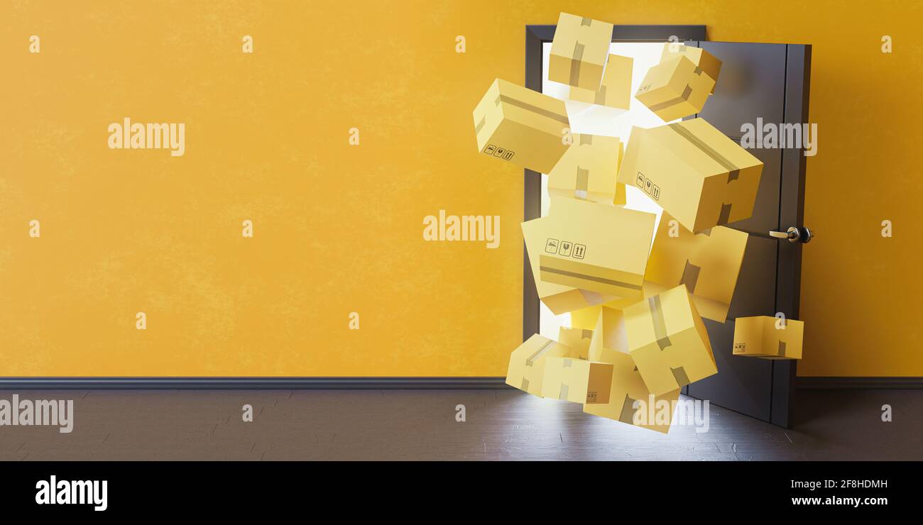 open door with many shipping packages coming in Stock Photo - Alamy