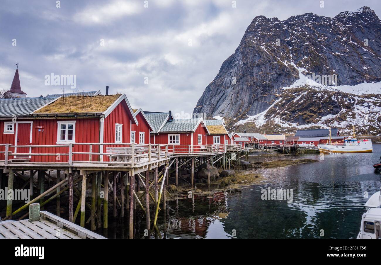 Typical red houses of Reine Fishing Village, Lofoten Islands, Norway ...