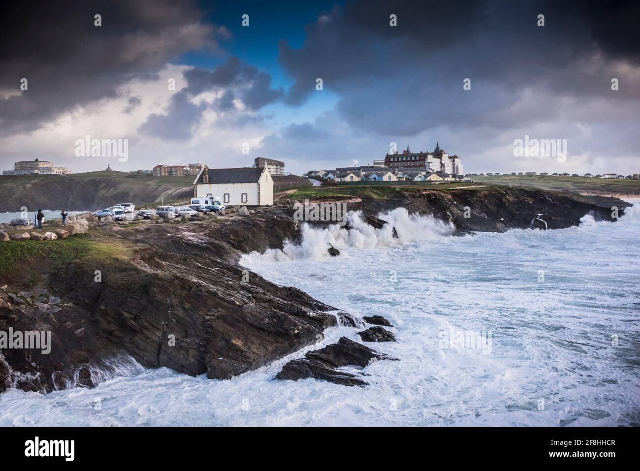 High tide and choppy sea at Little Fistral in Newquay in Cornwall Stock ...