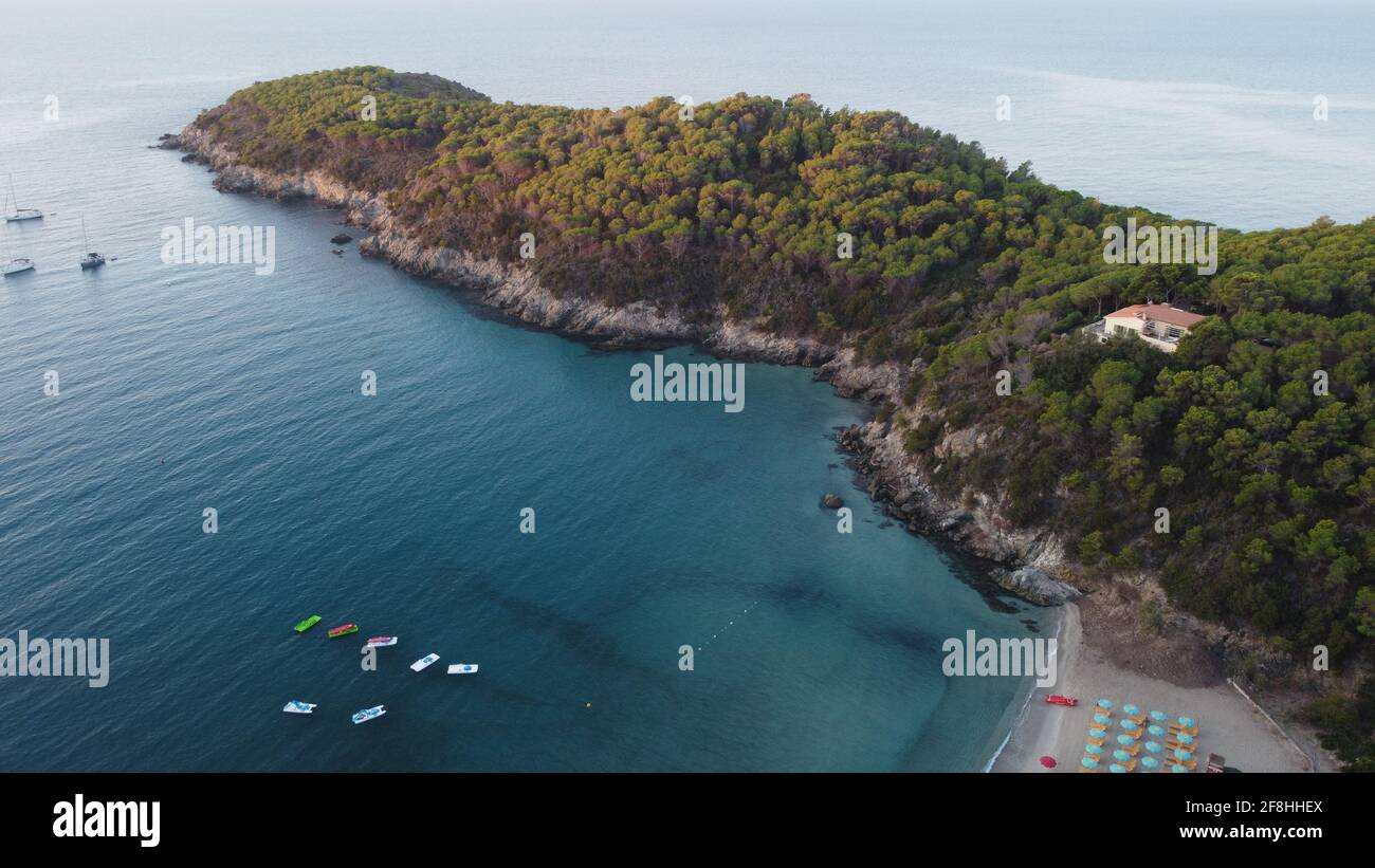 Aerial view of the blue lake with island and green forests Stock Photo ...