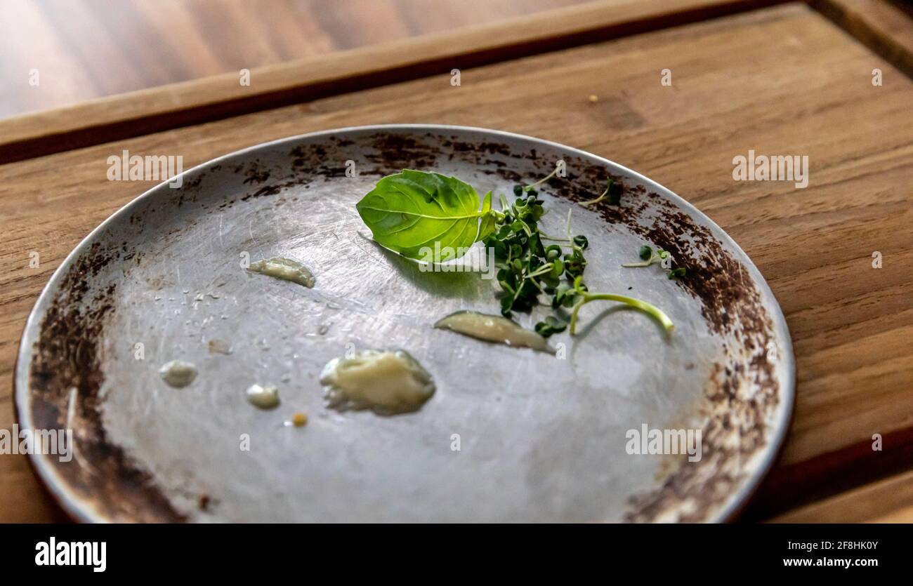 empty metal plate with a leaf left behind Stock Photo - Alamy