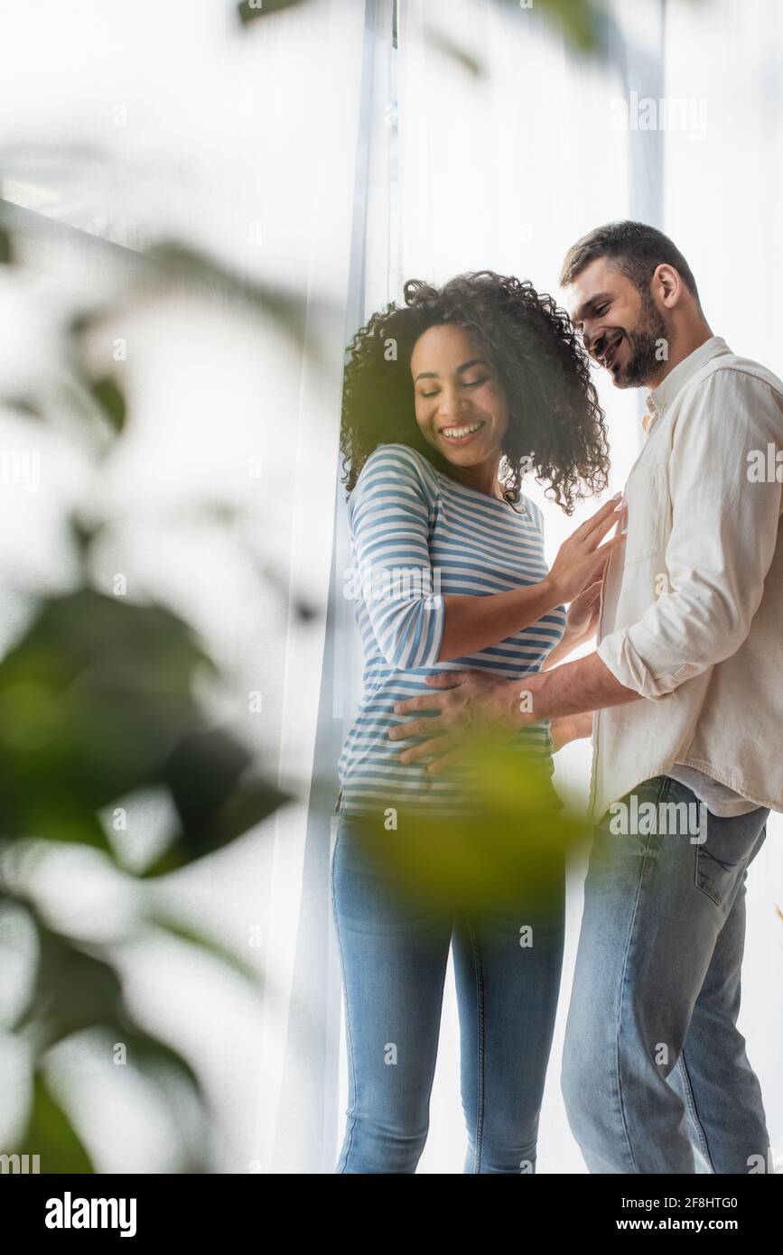 cheerful multiethnic couple hugging near plant on blurred foreground ...