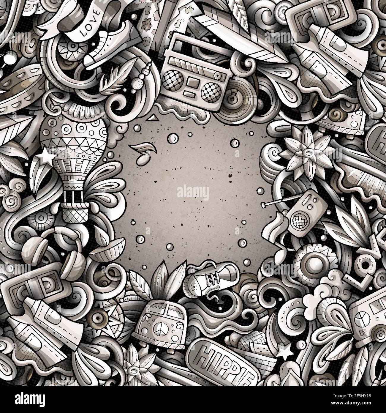 Hippie hand drawn vector doodles illustration. Hippy frame card design ...