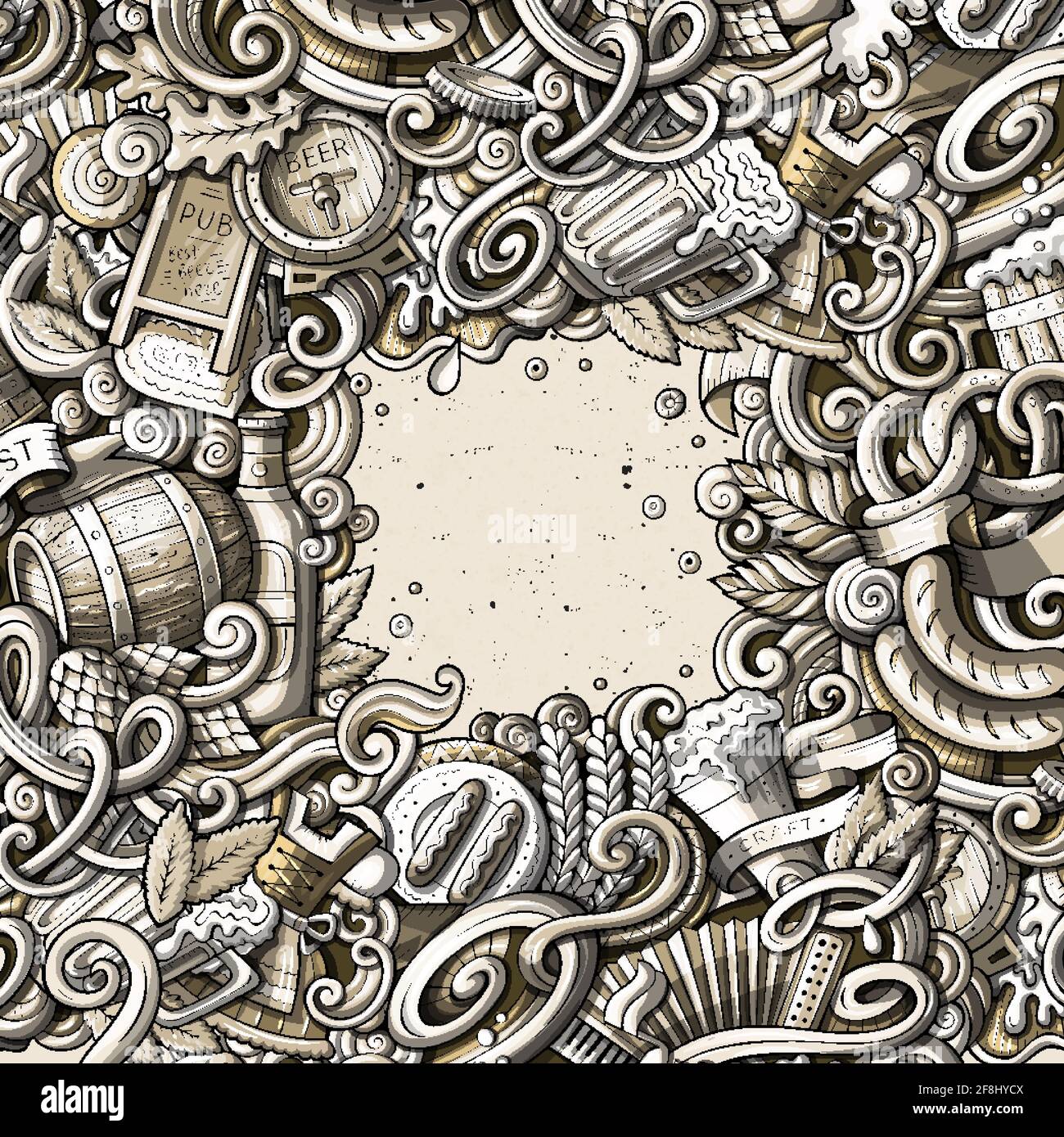 Cartoon cute doodles hand drawn Beer fest frame design. Monochrome ...