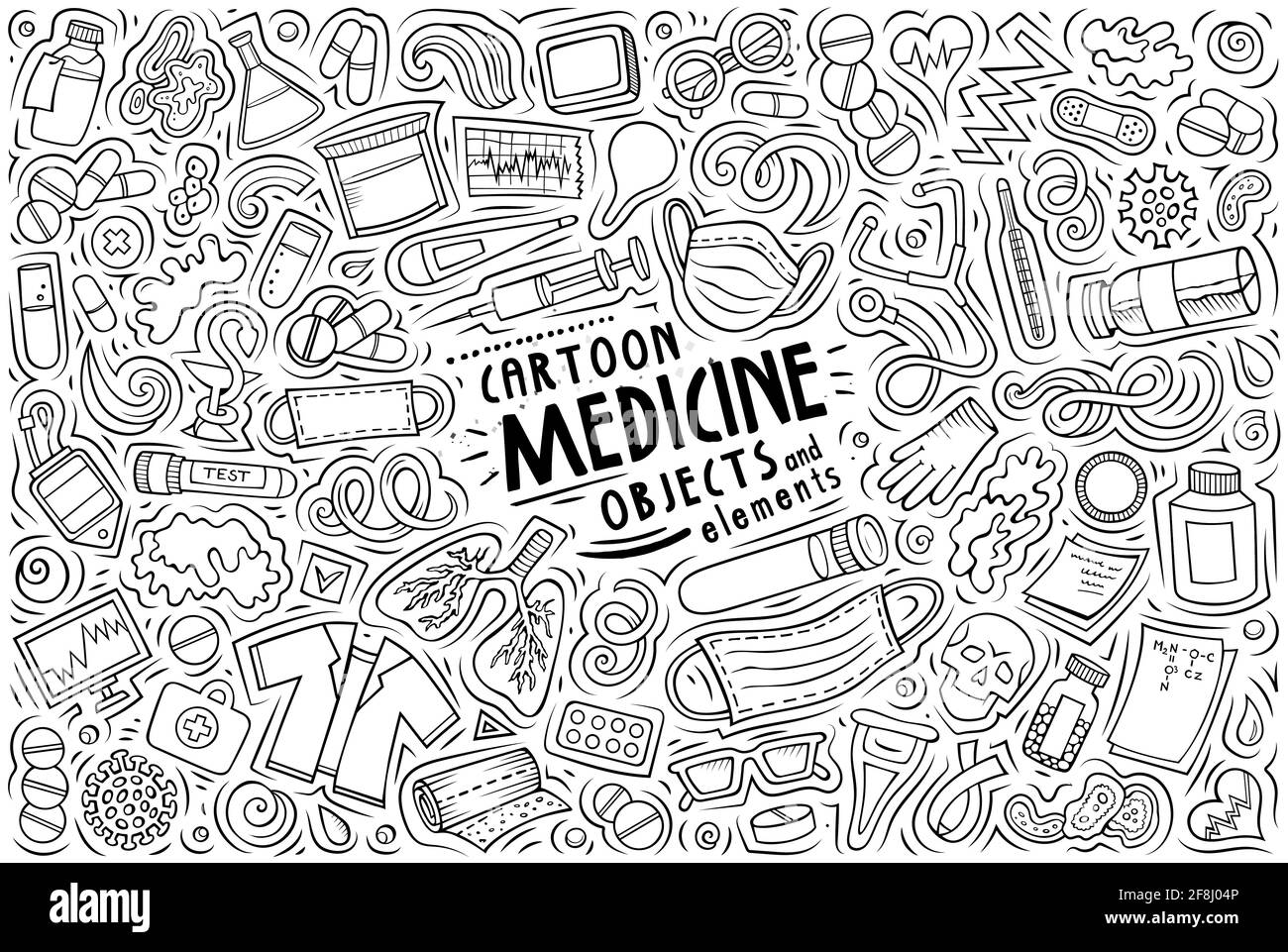 Line art vector hand drawn doodle cartoon set of medicine theme items ...