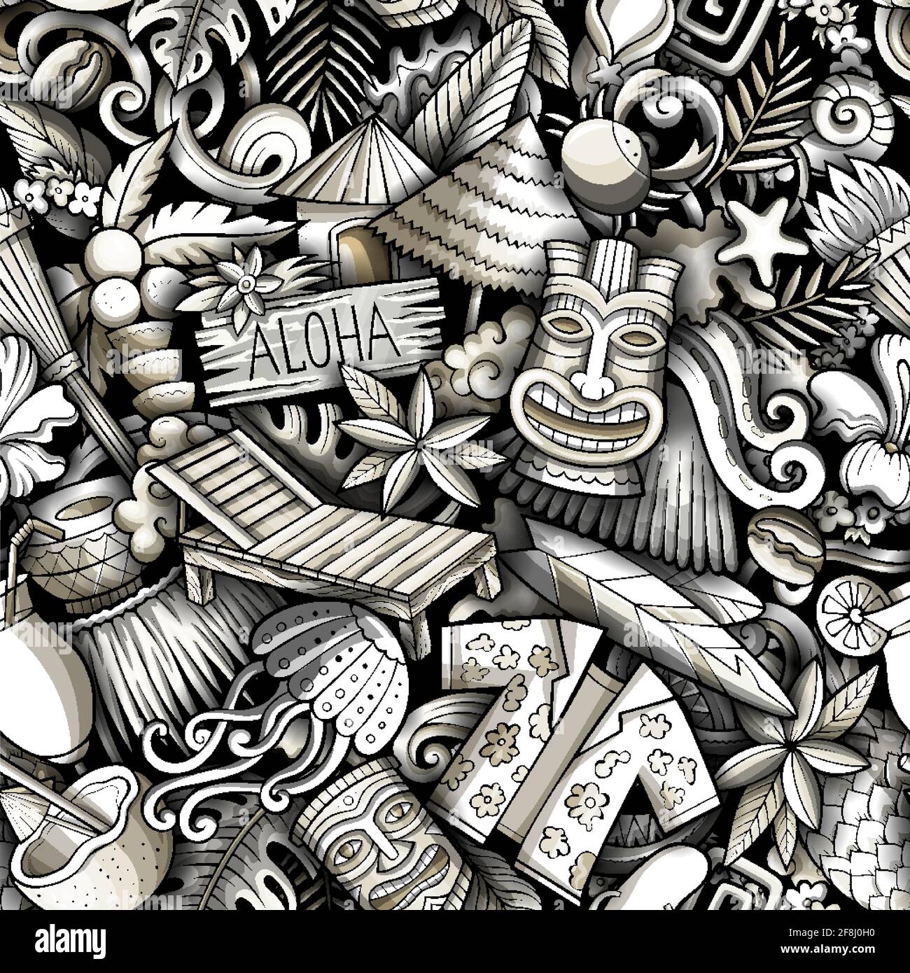 Cartoon doodles Hawaii seamless pattern. Backdrop with Hawaiian culture ...