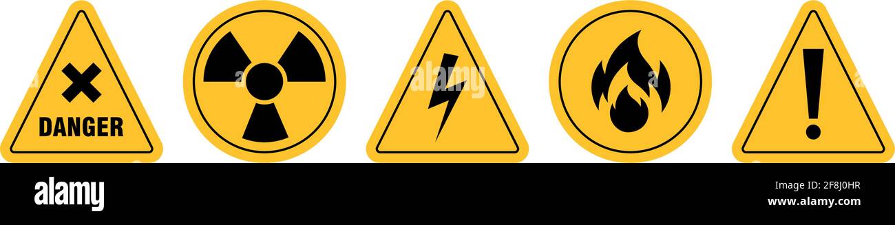 Warning icons of round and triangular shapes on white background ...