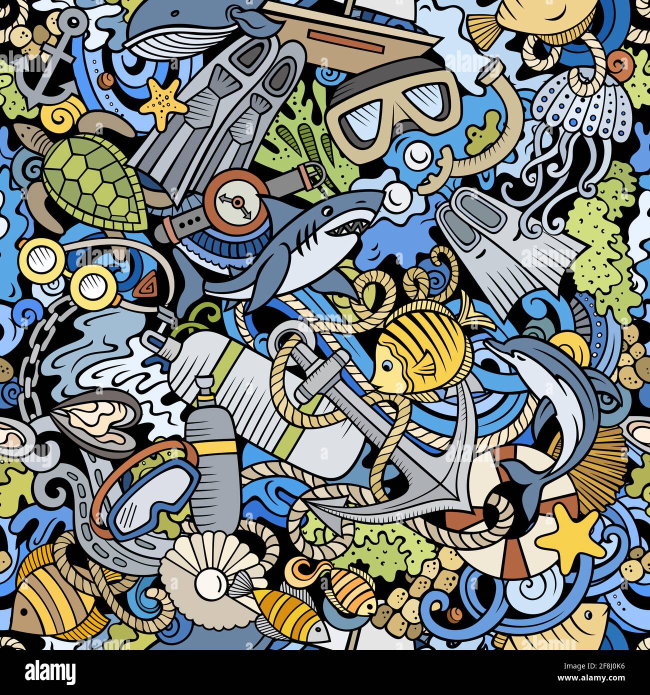 Cartoon doodles Diving seamless pattern. Backdrop with snorkeling ...