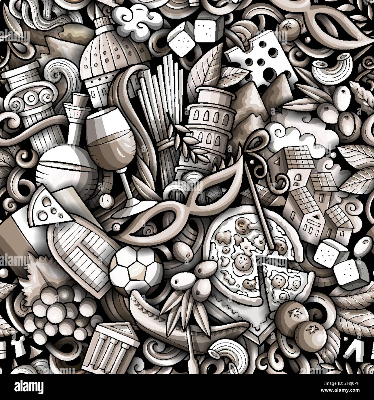 Cartoon doodles Italy seamless pattern. Backdrop with Italian culture ...