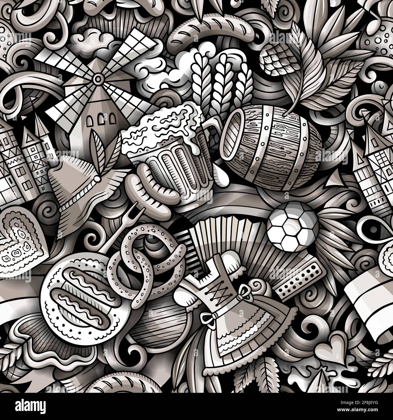 Cartoon doodles Germany seamless pattern. Backdrop with german culture ...