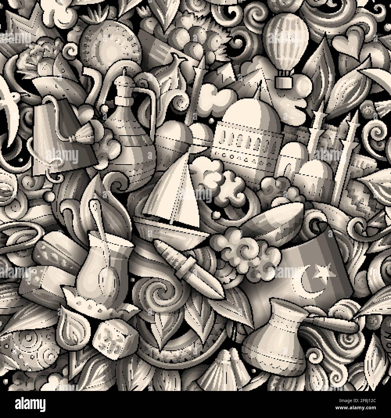 Cartoon doodles Turkey seamless pattern. Backdrop with Turkish culture ...
