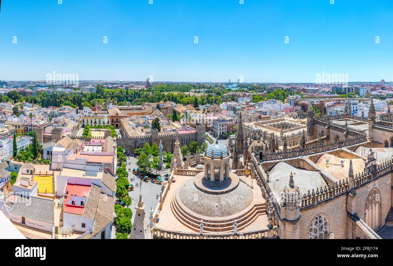 Aerial view of Sevilla from la giralda tower with Real Alcazar and ...