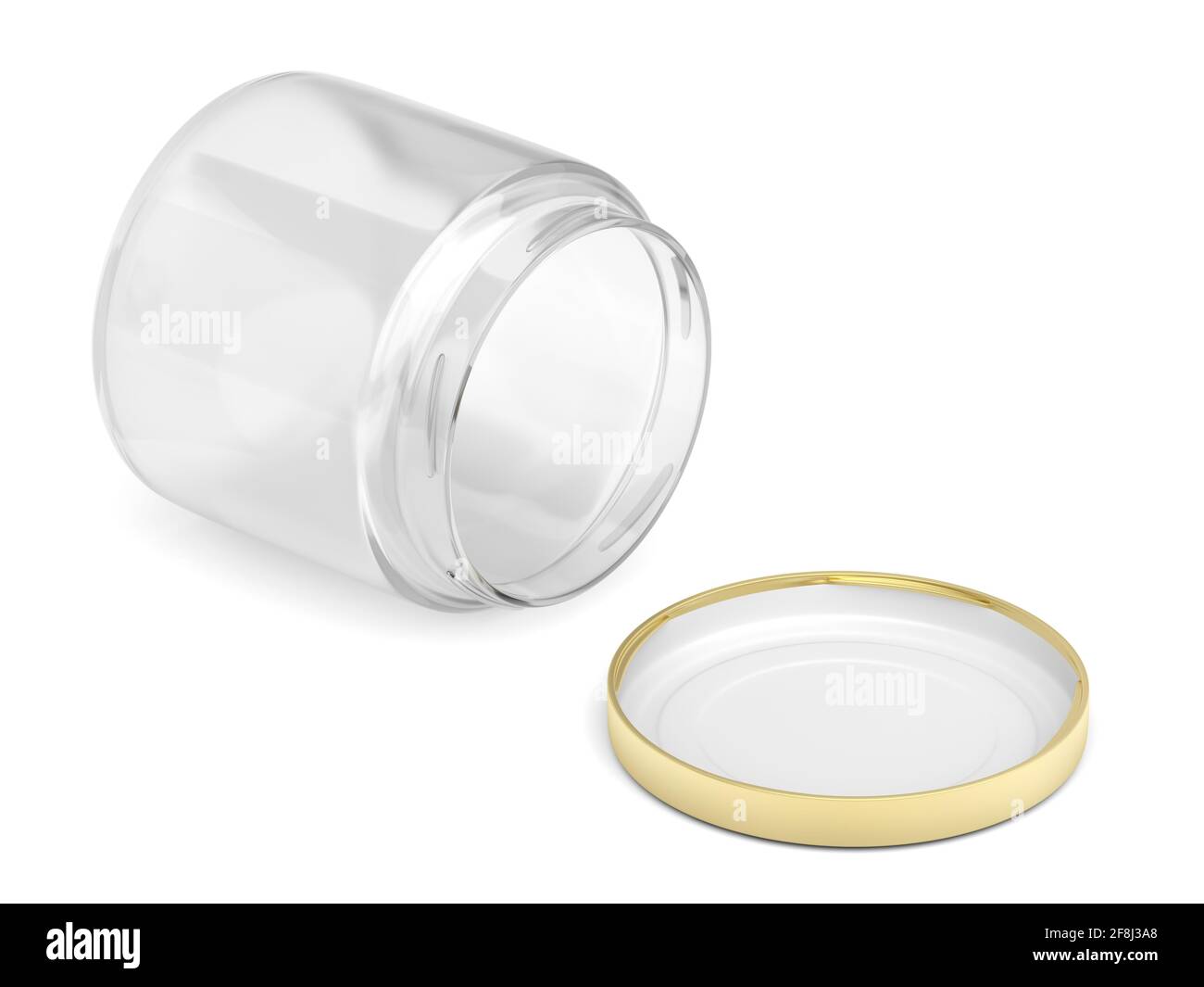 Open glass jar and golden cap on white background Stock Photo - Alamy