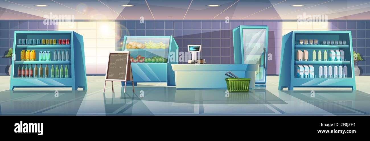 Vector cartoon style illustration of interior supermarket with ...