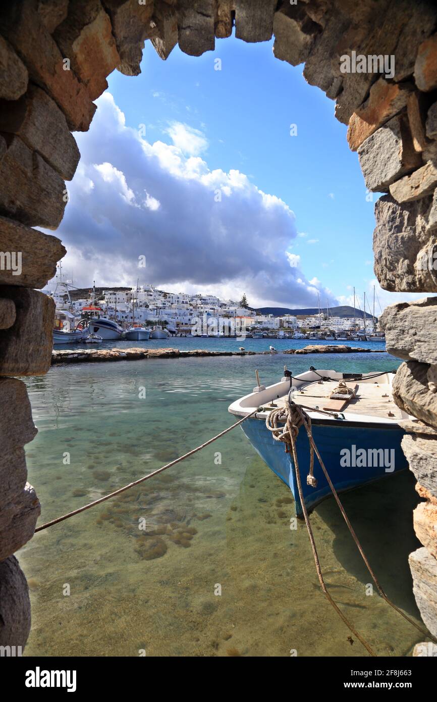 Naoussa village, in Paros island, partial view of the fishing port ...