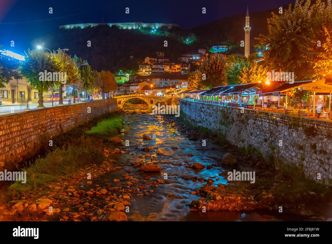PRIZREN, KOSOVO, SEPTEMBER 19, 2019: Night view of riverside of ...