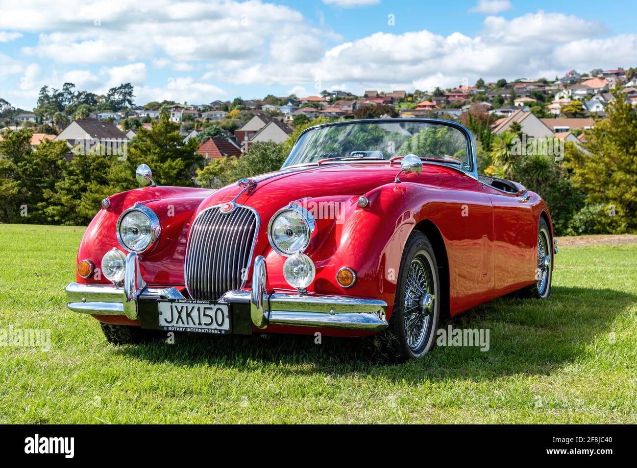 AUCKLAND, NEW ZEALAND - Apr 13, 2021: View of red Jaguar XK150 classic ...