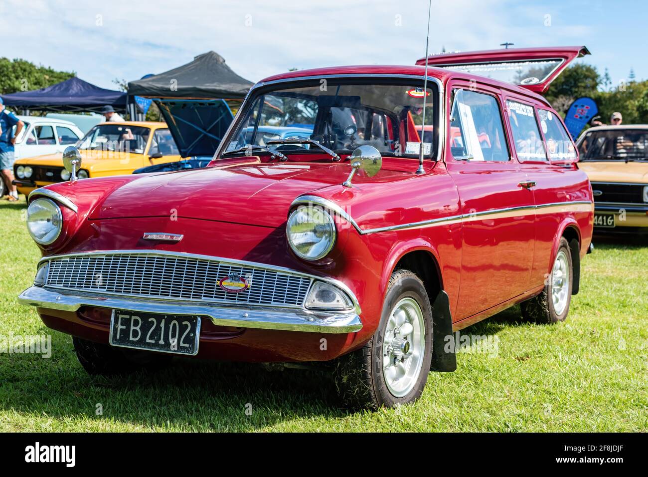 AUCKLAND, NEW ZEALAND - Apr 13, 2021: View of Ford Anglia classic car ...