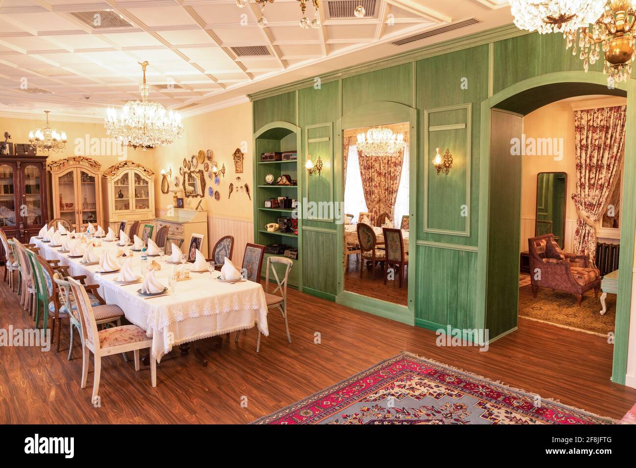 Green color luxury restaurant banquet hall event room interior Stock ...