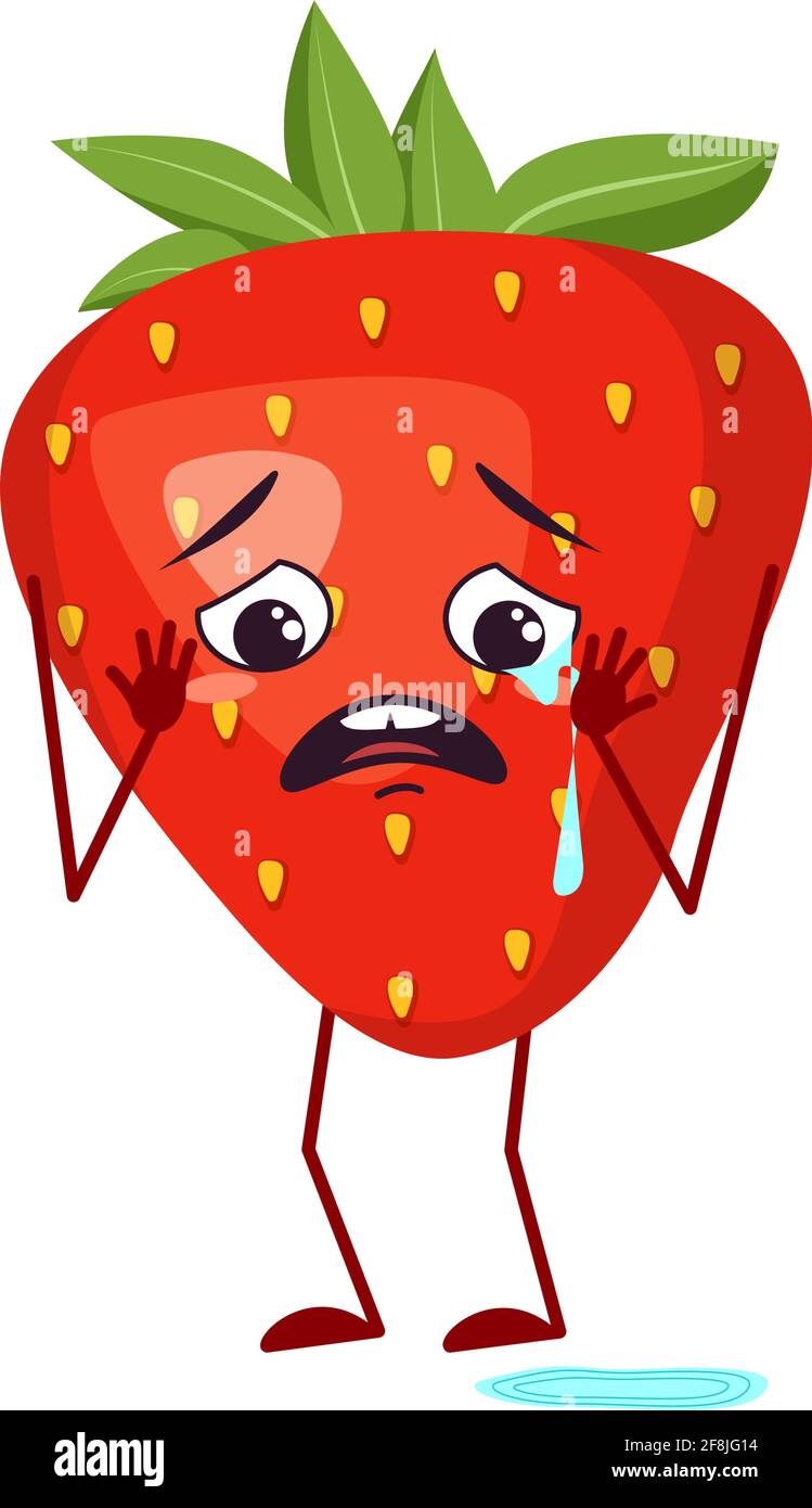 Cute strawberry characters with crying and tears emotions, face, arms ...