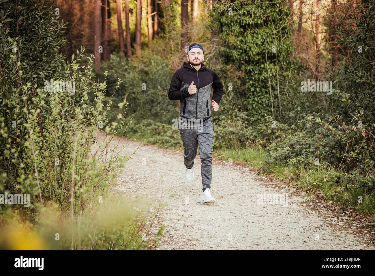 Man in cap and dark tracksuit running through the forest Stock Photo ...