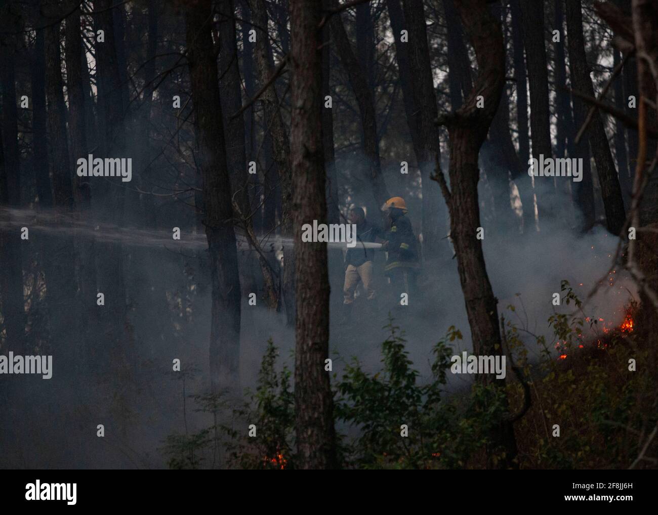Kathmandu. 14th Apr, 2021. Firefighters try to douse a forest fire in ...