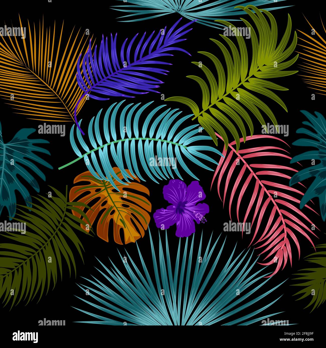 Seamless pattern with multicolor tropical leaves of palm tree. Jungle ...