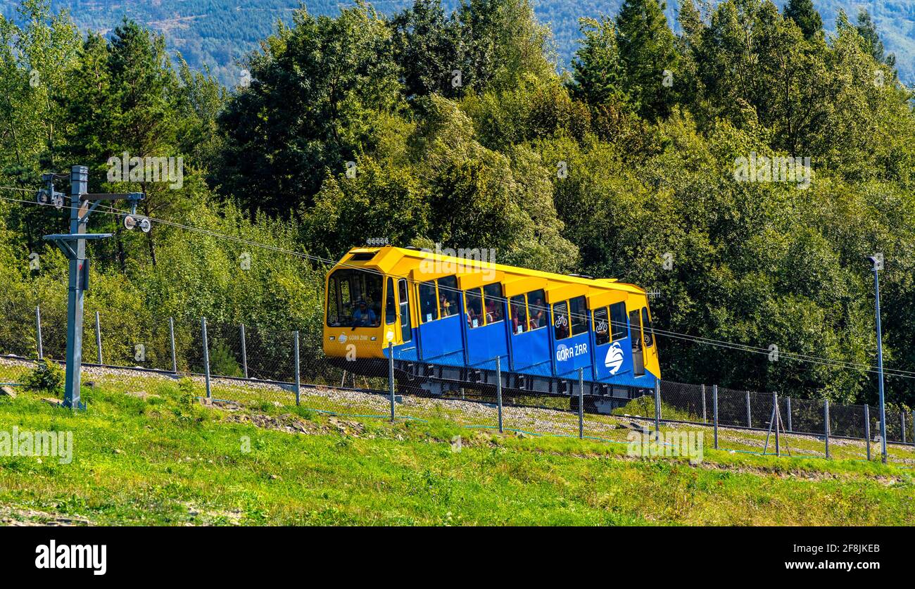 Zywiec, Poland - August 30, 2020: Cable train funicular wagon climbing ...