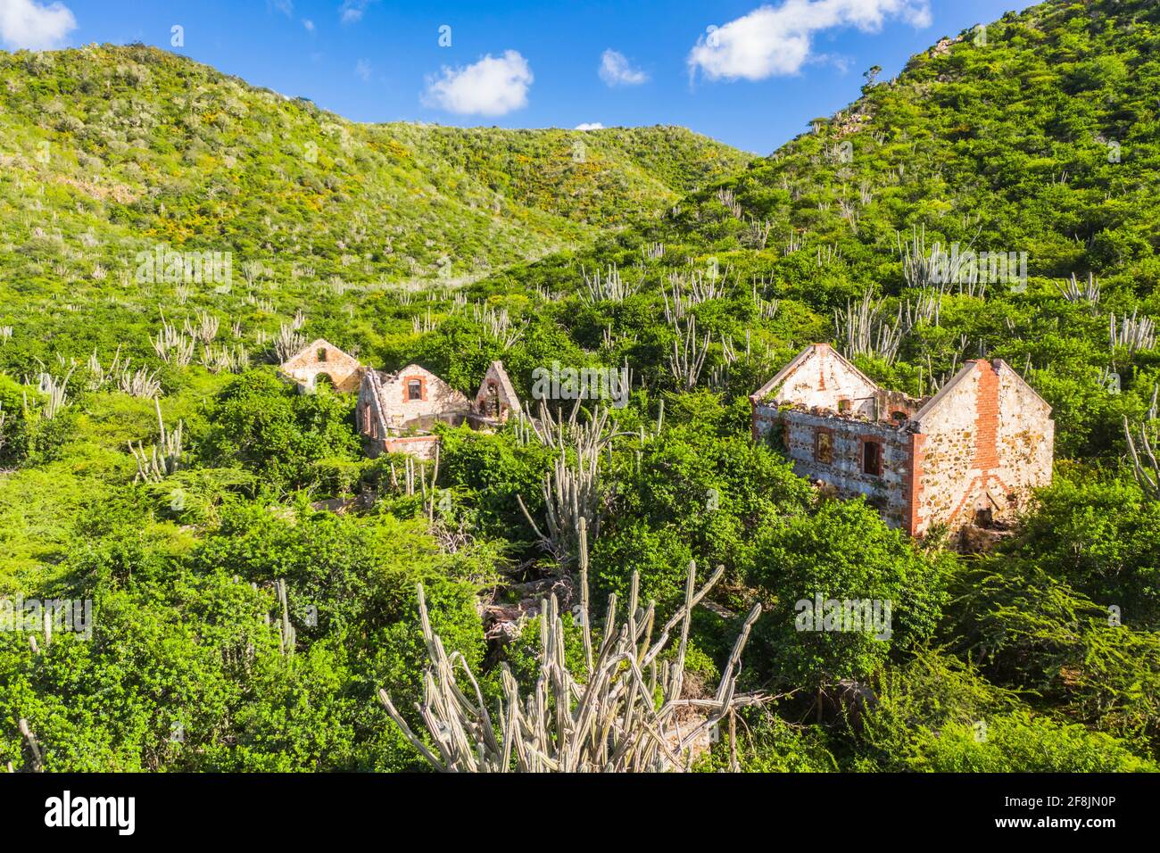 Aerial view above scenery of Curacao, Caribbean with old ruins in ...