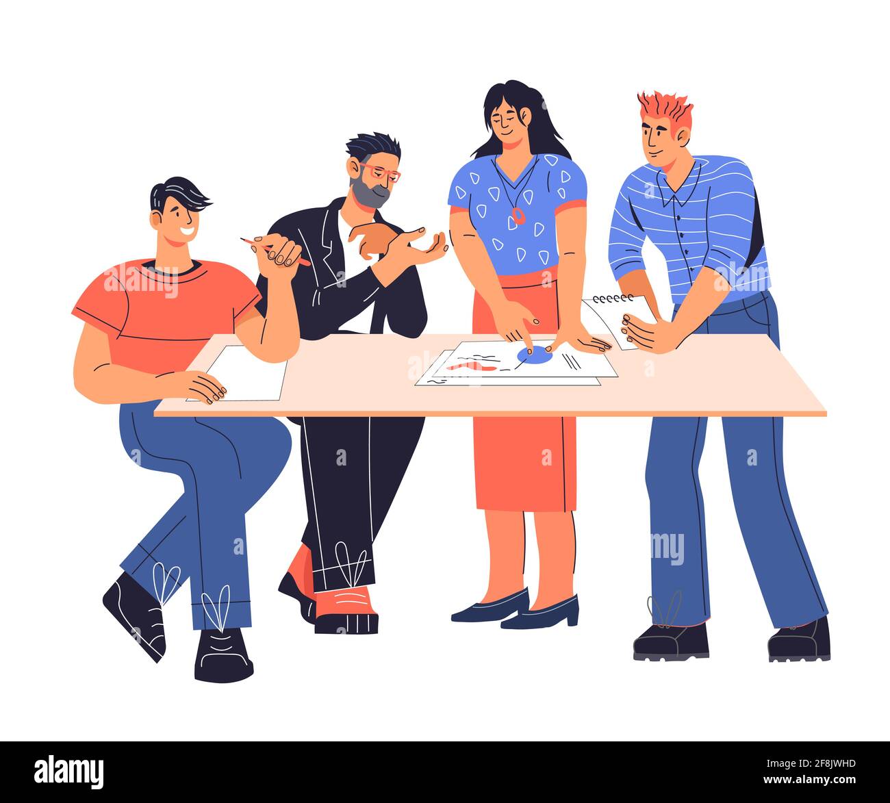 Briefing and Teamwork concept with cartoon people characters, flat ...