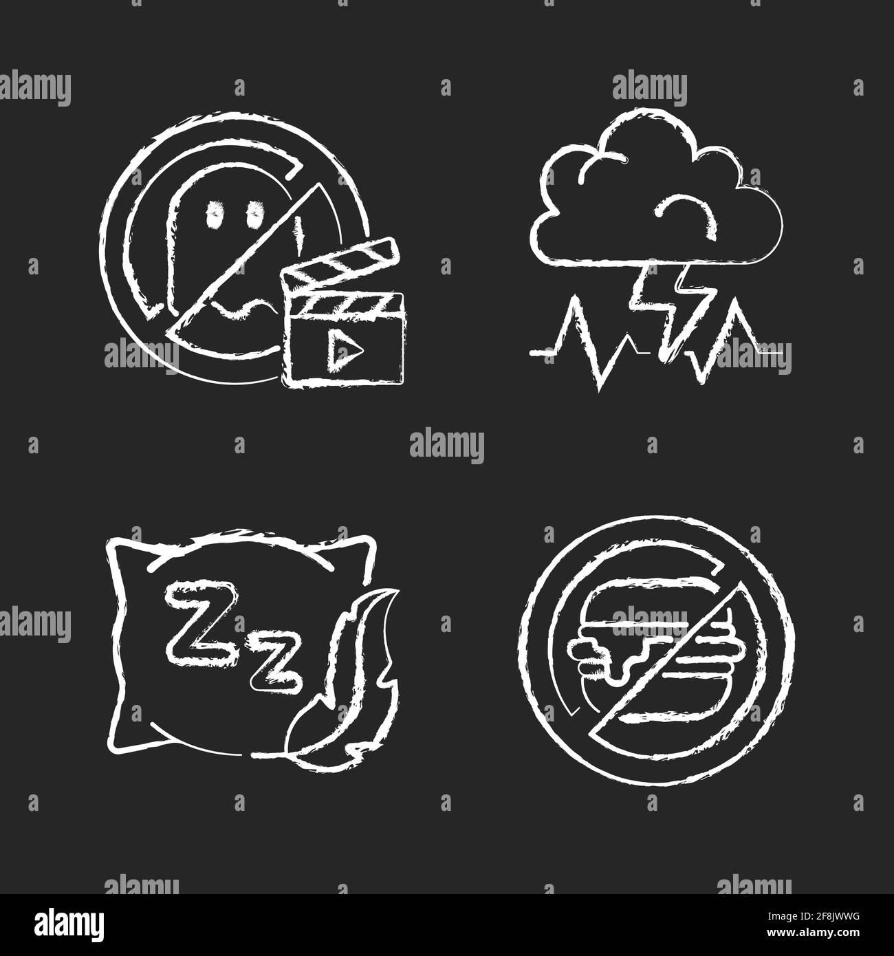 Causes for bad sleep chalk white icons set on black background Stock ...