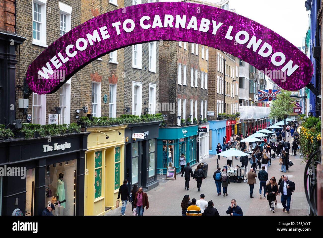 EDITORIAL USE ONLY Two newly installed pink shimmer disk arches, which ...