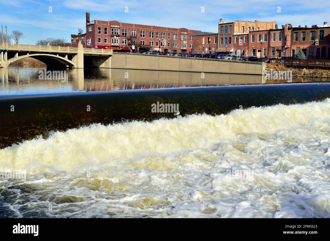 Aurora, Illinois, USA. The dam on the Fox River at the New York Avenue ...