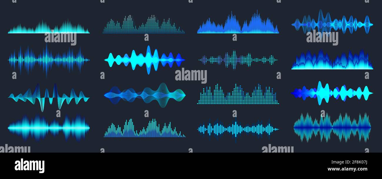 Blue colorful sound waves collection. Analog and digital audio signal ...