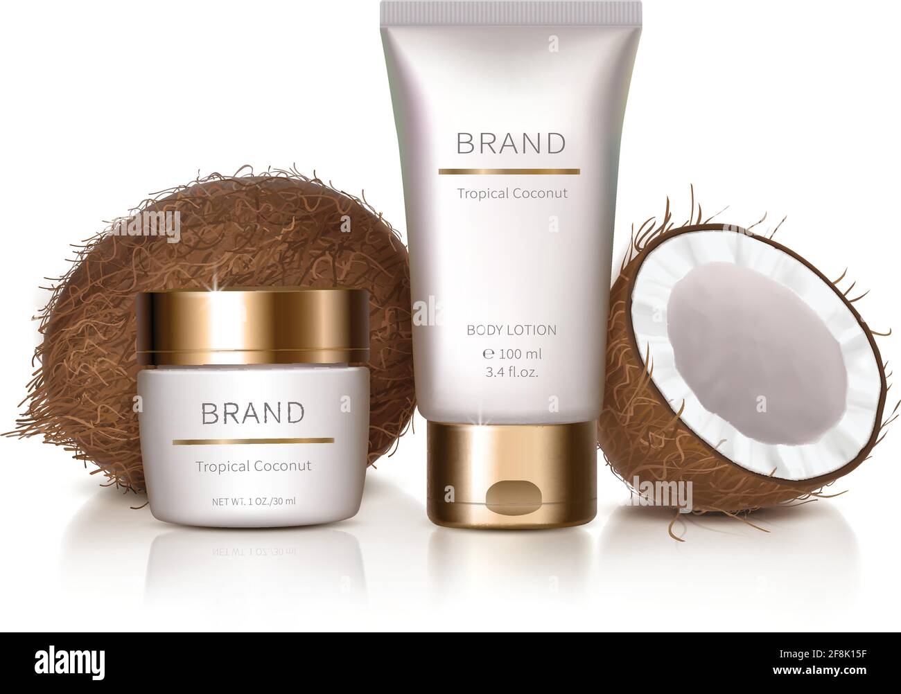 Cosmetic realistic vector background. White jar and tube with golden ...