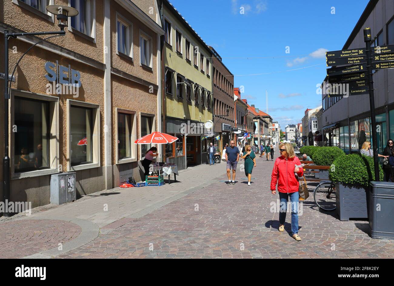 Kalmar, Sweden - July 7, 2020: View of the pedestrian Storgatan street ...