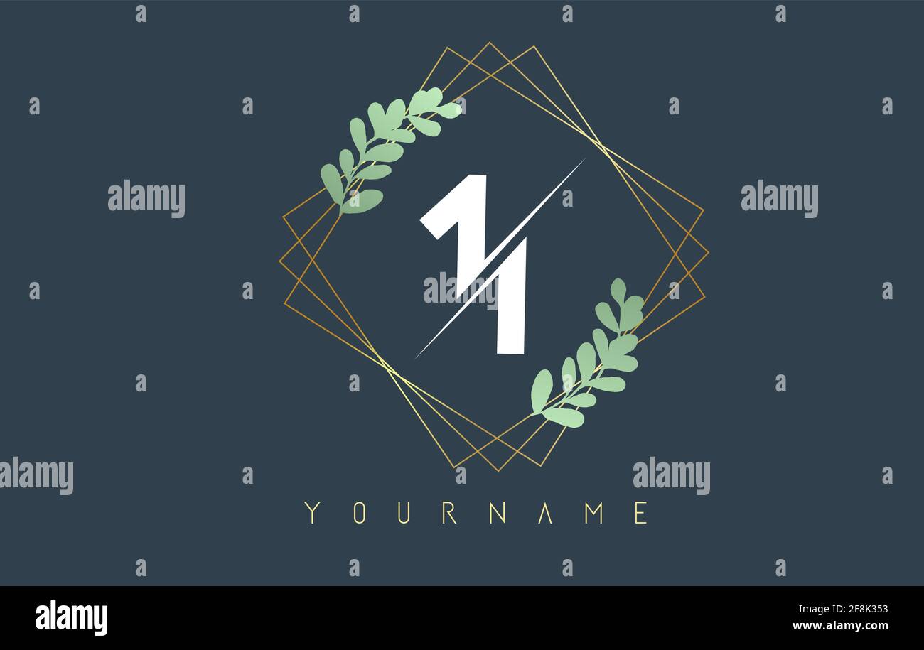 Number 11 1 Logo With golden square frames and green leaf design ...