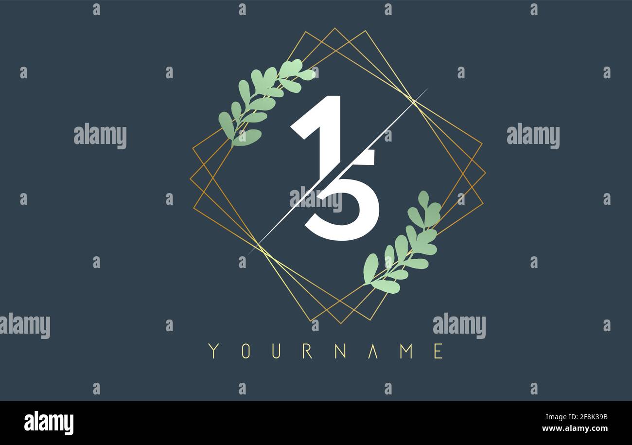 Number 15 1 5 Logo With golden square frames and green leaf design ...
