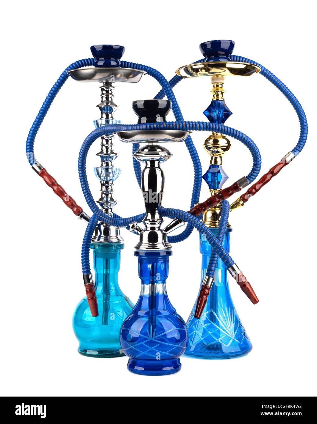 Three hookahs of different sizes isolated on white background. Eastern ...