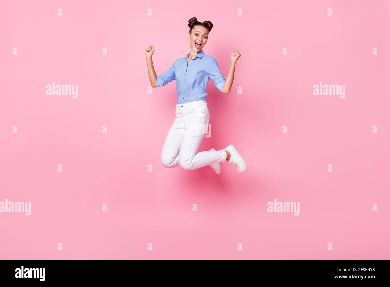 Full length body size photo of funky girl jumping gesturing like winner ...
