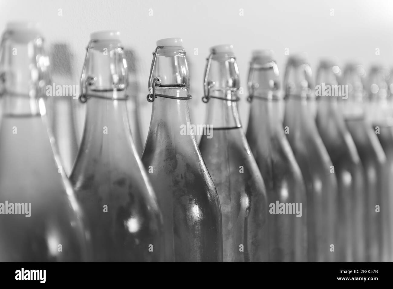 Black and white photo of a row of flip top bottles of home made cider ...
